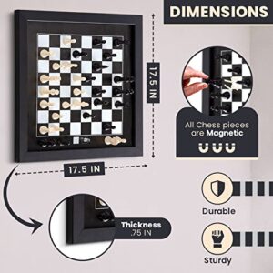 Bundaloo Hanging Magnetic Chess Set - Wall or Ceiling Mount Wooden Magnetic Board with Black & White Game Pieces - Chessboard Playing Art & Decor for Home and Office - Black Wood Frame, Strong Magnets