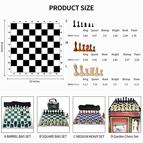 BOYISUNG Tournament Chess Set Weighted Staunton Pieces and 20"x20"in Vinyl Foldable Board Easy for Packing and Traveling Classic Plastic Black Board Long Canvas Bag Ａ4