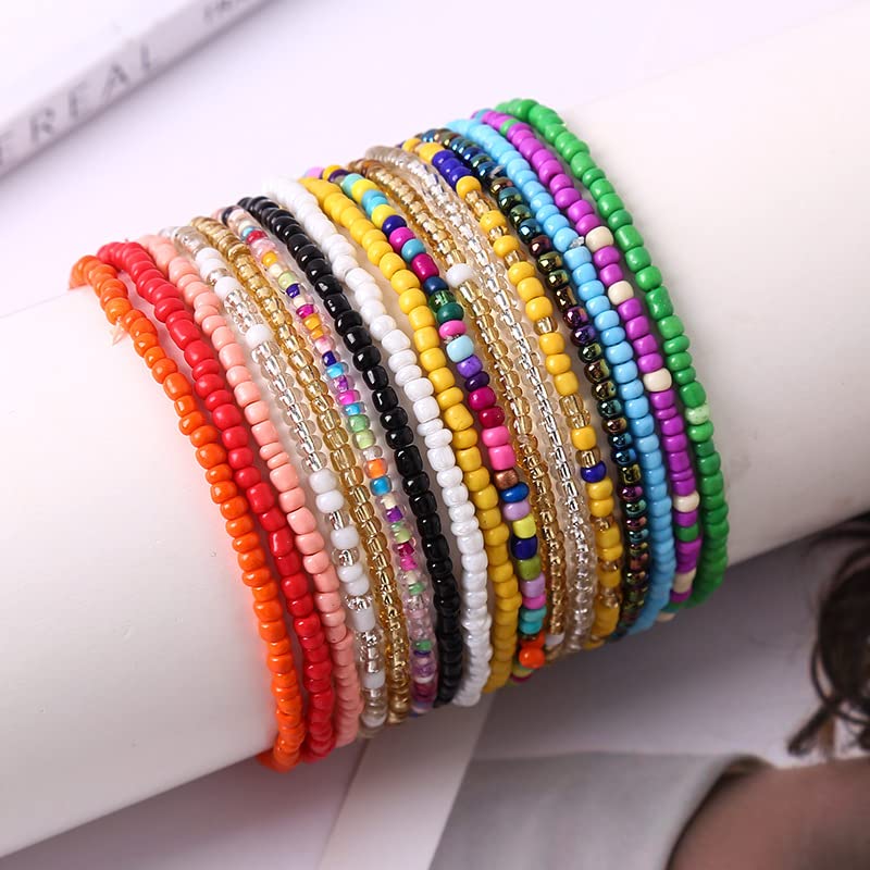 Soyzvteo 17Pcs Elastic Beaded Bracelets Bohemian Stackable Beaded Stretch Bracelets Colorful Boho Beach Bracelet Set Rainbow Handmade Seed Beach Bracelet Jewelry for Women Girl