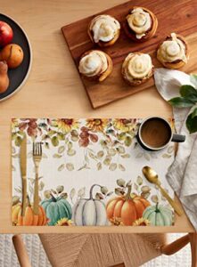 fall eucalyptus leaves thanksgiving placemat for dinning table placemat set of 6-cotton linen waterproof table mat pumpkins harvest sunflowers floral place mat rustic farmhouse holiday dinner decor