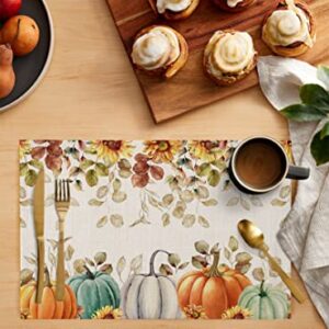 Fall Eucalyptus Leaves Thanksgiving Placemat for Dinning Table Placemat Set of 6-Cotton Linen Waterproof Table Mat Pumpkins Harvest Sunflowers Floral Place Mat Rustic Farmhouse Holiday Dinner Decor