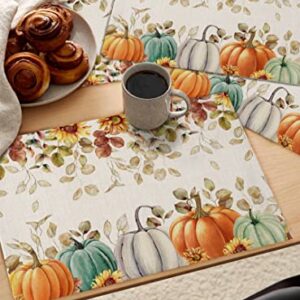 Fall Eucalyptus Leaves Thanksgiving Placemat for Dinning Table Placemat Set of 6-Cotton Linen Waterproof Table Mat Pumpkins Harvest Sunflowers Floral Place Mat Rustic Farmhouse Holiday Dinner Decor