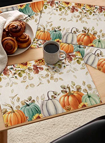 Fall Eucalyptus Leaves Thanksgiving Placemat for Dinning Table Placemat Set of 6-Cotton Linen Waterproof Table Mat Pumpkins Harvest Sunflowers Floral Place Mat Rustic Farmhouse Holiday Dinner Decor