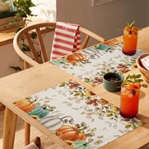 Fall Eucalyptus Leaves Thanksgiving Placemat for Dinning Table Placemat Set of 6-Cotton Linen Waterproof Table Mat Pumpkins Harvest Sunflowers Floral Place Mat Rustic Farmhouse Holiday Dinner Decor