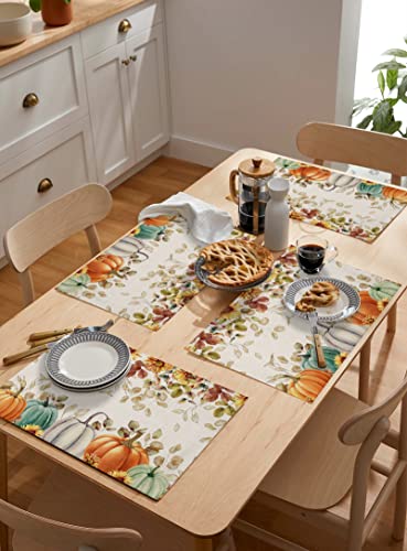 Fall Eucalyptus Leaves Thanksgiving Placemat for Dinning Table Placemat Set of 6-Cotton Linen Waterproof Table Mat Pumpkins Harvest Sunflowers Floral Place Mat Rustic Farmhouse Holiday Dinner Decor