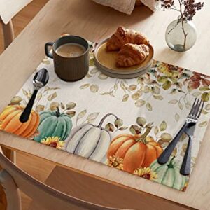 Fall Eucalyptus Leaves Thanksgiving Placemat for Dinning Table Placemat Set of 6-Cotton Linen Waterproof Table Mat Pumpkins Harvest Sunflowers Floral Place Mat Rustic Farmhouse Holiday Dinner Decor