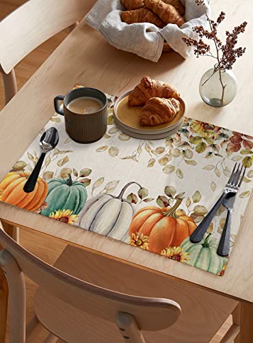 Fall Eucalyptus Leaves Thanksgiving Placemat for Dinning Table Placemat Set of 6-Cotton Linen Waterproof Table Mat Pumpkins Harvest Sunflowers Floral Place Mat Rustic Farmhouse Holiday Dinner Decor