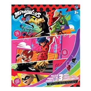 miraculous ladybug - 3 in 1 jigsaw puzzles for kids. featuring lady & cat noir. great birthday & educational gifts for boys and girls. colorful pieces fit together perfectly.