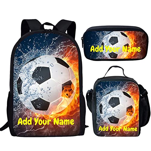 WELLFLYHOM Custom Soccer Backpack Add Your Name/Text School Bag and Lunch Box for Kids Middle School Bookbag Personalized Pencil Case Football Design Schoolbags 3 In 1 Gifts for Teen Boys