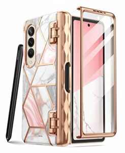 i-blason cosmo series for samsung galaxy z fold 4 case with pen holder (2022), stylish protective bumper fold 4 case with built-in screen protector (marble)