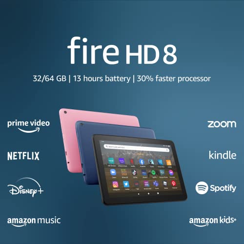 Amazon Fire HD 8 tablet, 8” HD Display, 32 GB, 30% faster processor, designed for portable entertainment, (2022 release), Rose, without lockscreen ads