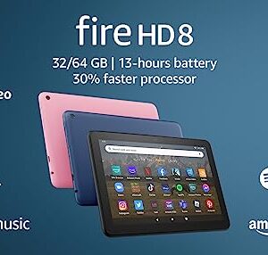 Amazon Fire HD 8 tablet, 8” HD Display, 32 GB, 30% faster processor, designed for portable entertainment, (2022 release), Rose, without lockscreen ads