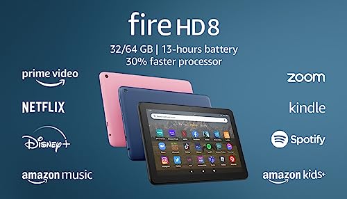 Amazon Fire HD 8 tablet, 8” HD Display, 32 GB, 30% faster processor, designed for portable entertainment, (2022 release), Rose, without lockscreen ads