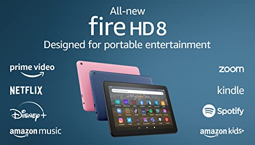 Amazon Fire HD 8 tablet, 8” HD Display, 32 GB, 30% faster processor, designed for portable entertainment, (2022 release), Rose, without lockscreen ads