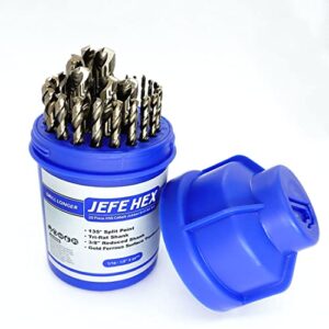 jefe hex 29 pcs m35 cobalt drill bit set, hss twist jobber drill bits with 135 degrees split point and three-flat shank, 3/8” reduced shank, gold oxide metal drill bits set (1/16” - 1/2” x 1/64”)