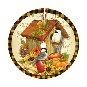 Autumn Pumpkin Bird Sunflower Tree Skirt, for Xmas Holiday Party Supplies Large Tree Mat Decor, Halloween Ornaments 30"