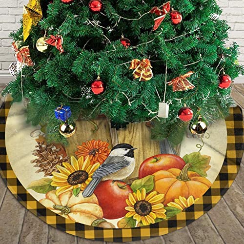 Autumn Pumpkin Bird Sunflower Tree Skirt, for Xmas Holiday Party Supplies Large Tree Mat Decor, Halloween Ornaments 30"