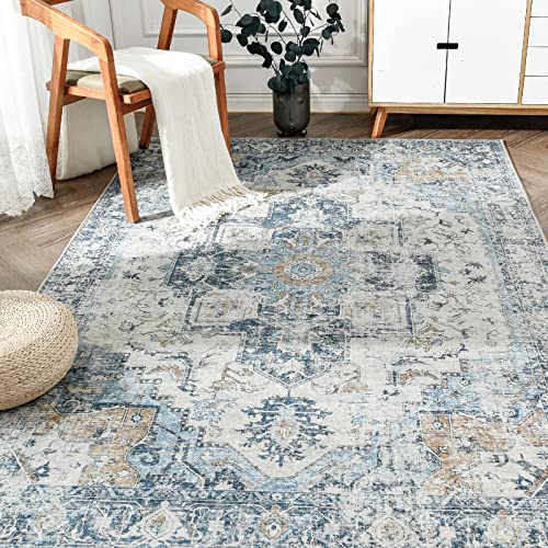 jinchan Area Rug 8x10 Persian Rug Indoor Vintage Rug Floor Cover Print Distressed Carpet Multi Thin Rug Chenille Blue Foldable Accent Rug Lightweight Non Slip Kitchen Living Room Bedroom Dining Room