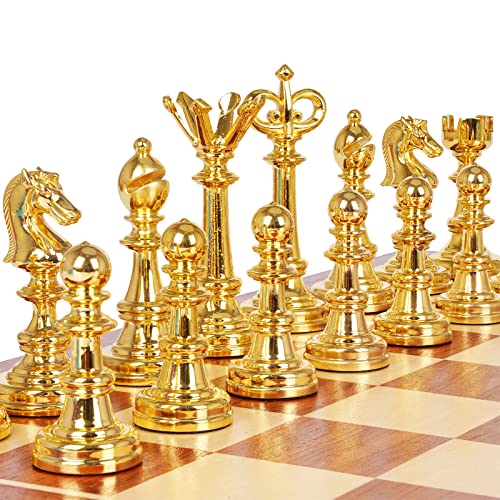 15" Metal Chess Set for Adults Kids Checkers Game Gold Silver Metal Chess Pieces & 24 Metal Cherkers Pieces Portable Folding Wooden Chess Board Travel Chess Sets Board (2 in 1)