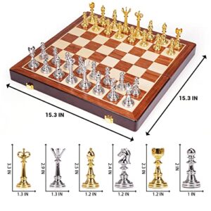 15" Metal Chess Set for Adults Kids Checkers Game Gold Silver Metal Chess Pieces & 24 Metal Cherkers Pieces Portable Folding Wooden Chess Board Travel Chess Sets Board (2 in 1)