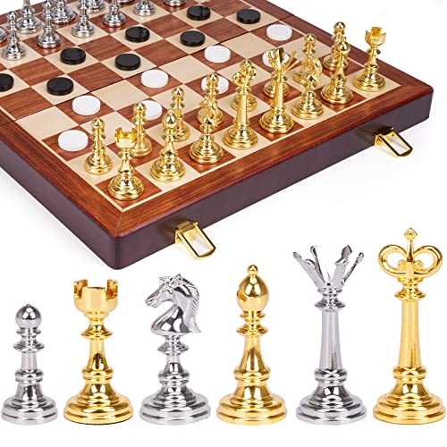 15" Metal Chess Set for Adults Kids Checkers Game Gold Silver Metal Chess Pieces & 24 Metal Cherkers Pieces Portable Folding Wooden Chess Board Travel Chess Sets Board (2 in 1)