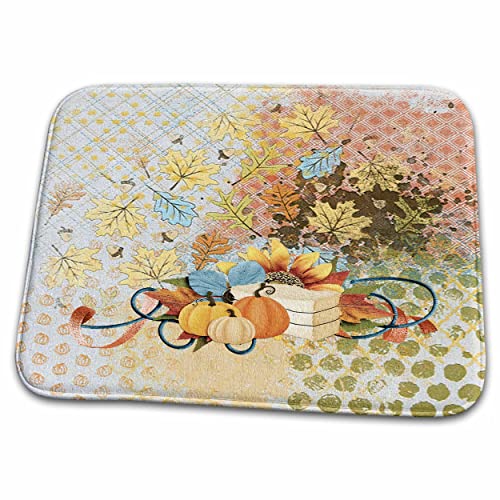 3dRose Autumn Scene, Leaves, Hay, Pumpkins, and Sunflower on... - Dish Drying Mats (ddm-302955-1)