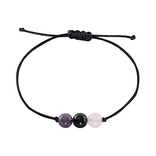 BOHO GARDEN Healing Bead Bracelets for Anxiety - Spiritual Crystal Beaded Bracelet - Made of 3 Real & Natural Gemstones, Adjustable 3-9.7” Black Rope - Gem Stones Jewelry for Men, Women, Teens, Kids - 8mm Bead