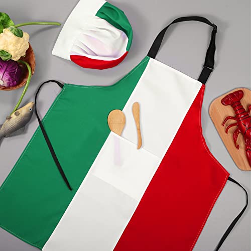 Syhood 4th of July Chef Hat and Apron for Women Men Italian Stripes Solid Baking Fabric Cooking Apron for Home Kitchen (Red-White-Green Pattern)