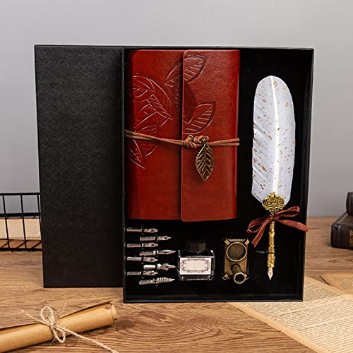 VBESTLIFE Antique Feather Dip Calligraphy Pen Set, Quill Pen Notebook Set Includes Empty Ink Bottle, Pen Nib, Pen Holder, Quill Pen, Notebook, Wedding, Birthday White Dots