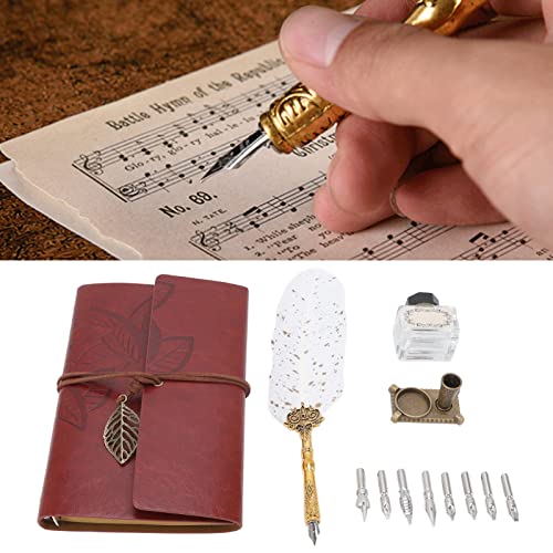 VBESTLIFE Antique Feather Dip Calligraphy Pen Set, Quill Pen Notebook Set Includes Empty Ink Bottle, Pen Nib, Pen Holder, Quill Pen, Notebook, Wedding, Birthday White Dots