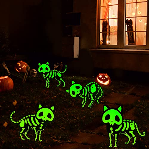 Fanxbox 4 Pack Halloween Black Cat Yard Signs, Black Cat Halloween Decor Glow in The Dark Skeleton Black Cat Silhouette Lawn Signs with Stakes for Halloween Lawn Garden Front Yard Decorations Outside