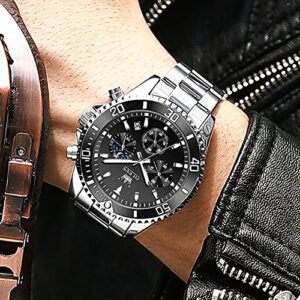 OLEVS Watch Men Silver Stainless Steel Watches for Men Luxury Chronograph Male Watch Black Dial Men's Wristwatch reloj para Hombre