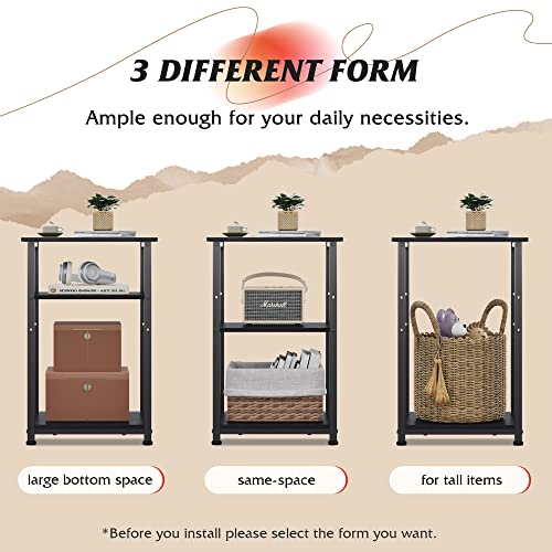 WLIVE Side Table, Small End Table, Adjustable 3-Tier Bedside Table with Sturdy Metal Frame, Tall Nightstand for Bedroom, Living Room, Sofa Table for Small Space (Black, 1 Pack)