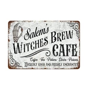 witches brew cafe sign halloween wall decor medieval vintage farmhouse wall art witch decor skeleton sign large canvas wall art retro metal tin sign vintage aluminum sign for home coffee 12 x 8 inch