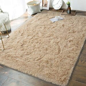 andecor soft fluffy bedroom rugs, 8 x 10 feet indoor shaggy plush area rug for boys girls kids baby college dorm living room home decor floor carpet, camel