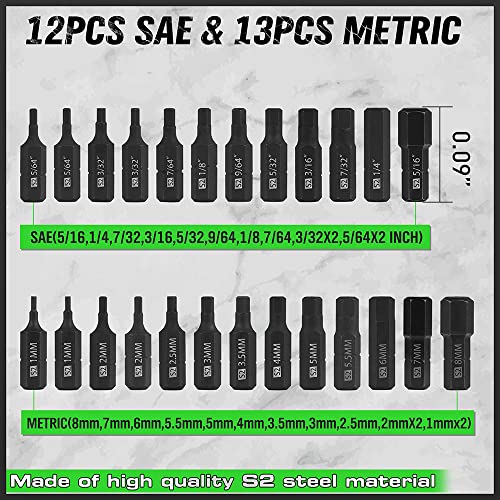 SWANLAKE 26-Piece Hex Head Allen Wrench Drill Bit Set, 1/4Hex Shank Quick Change Bit Holder, Metric and SAE S2 Steel Hex Bits Set