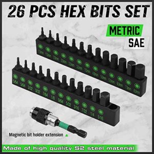 SWANLAKE 26-Piece Hex Head Allen Wrench Drill Bit Set, 1/4Hex Shank Quick Change Bit Holder, Metric and SAE S2 Steel Hex Bits Set