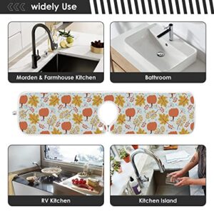 Fall Pumpkin Faucet Sink Mat for Kitchen 2 Pack Autumn Maple Leaves Sunflower Berry Bathroom Drying Mat Absorbent Splash Water Catcher Mats Microfiber Cloth Drip Protector Splash Pad 14x5 Inches