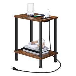 hoobro side table with charging station, end table with usb ports and outlet, nightstand with 2-layer storage shelves for small spaces, living room, bedroom, stable frame, rustic brown bf09ubz01