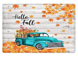 hello fall bath mat for bathroom, autumn yellow sunflower and orange pumpkin on rustic vintage blue truck bathroom rug, country farmhouse retro wood board non slip absorbent bathroom mat, 24x16 inch