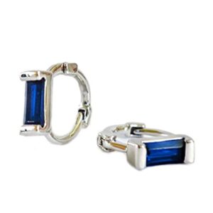 sterling silver blue sapphire tiny huggie 8mm layering earrings baguette cubic zirconia gemstone hypoallegic nickel free lead free made in u.s.a (rhodium sterling silver a pair)