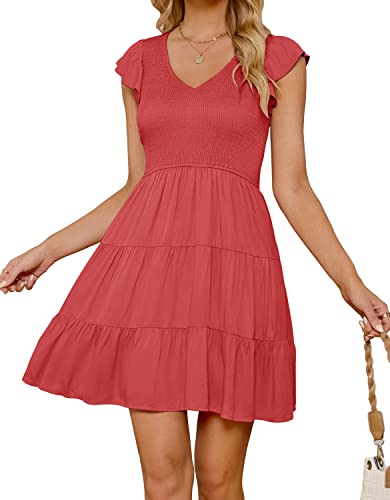 ZESICA Womens 2023 Summer Casual V Neck Flutter Sleeve Bohemian Ruffle Smocked A Line Swing Mini Dress,Watermelon,Small