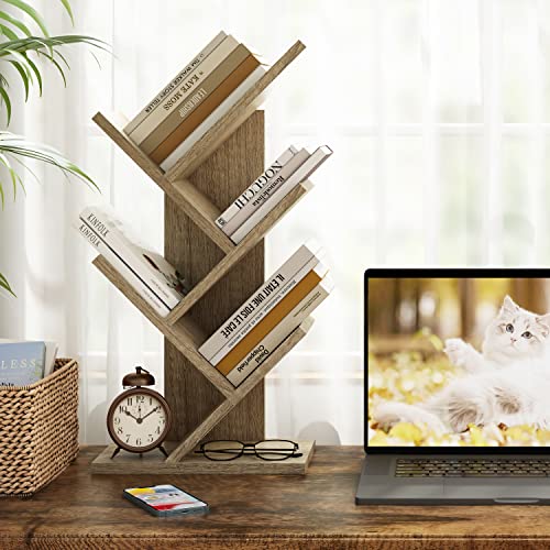 Hoctieon 4 Tier Tree Bookshelf, 4 Shelf Bookcase, Modern Book Storage, Free Standing Tree Bookcase, Utility Organizer Shelves for Home Office, Living Room, Bedroom, Greige