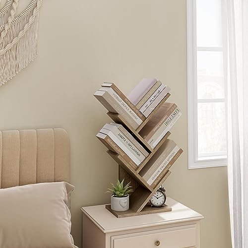 Hoctieon 4 Tier Tree Bookshelf, 4 Shelf Bookcase, Modern Book Storage, Free Standing Tree Bookcase, Utility Organizer Shelves for Home Office, Living Room, Bedroom, Greige