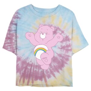 care bears cheer bear hug women's fast fashion short sleeve tee shirt, blue/pink/light yellow, large