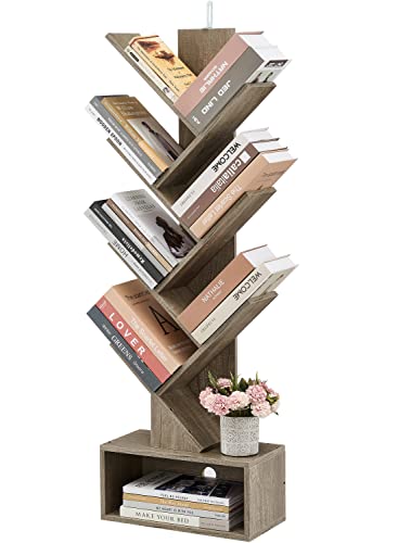 Hoctieon 6 Tier Tree Bookshelf, 6 Shelf Bookcase with Drawer, Modern Book Storage, Utility Organizer Shelves for Home Office, Living Room, Bedroom, Greige