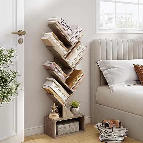 Hoctieon 6 Tier Tree Bookshelf, 6 Shelf Bookcase with Drawer, Modern Book Storage, Utility Organizer Shelves for Home Office, Living Room, Bedroom, Greige