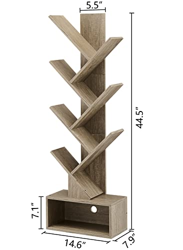 Hoctieon 6 Tier Tree Bookshelf, 6 Shelf Bookcase with Drawer, Modern Book Storage, Utility Organizer Shelves for Home Office, Living Room, Bedroom, Greige