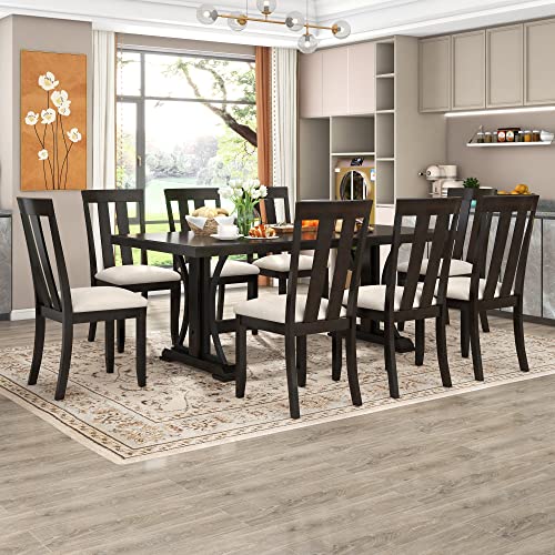 LZ LEISURE ZONE Dining Table Set, 9-Piece Retro Style Dining Room Sets, 78" Wood Rectangular Table and 8 Dining Chairs for Dining Room, Espresso