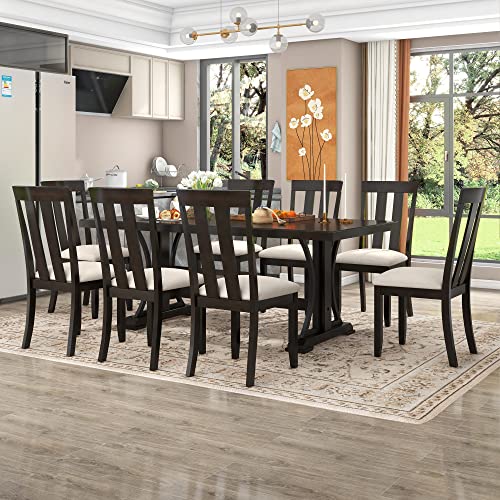 LZ LEISURE ZONE Dining Table Set, 9-Piece Retro Style Dining Room Sets, 78" Wood Rectangular Table and 8 Dining Chairs for Dining Room, Espresso